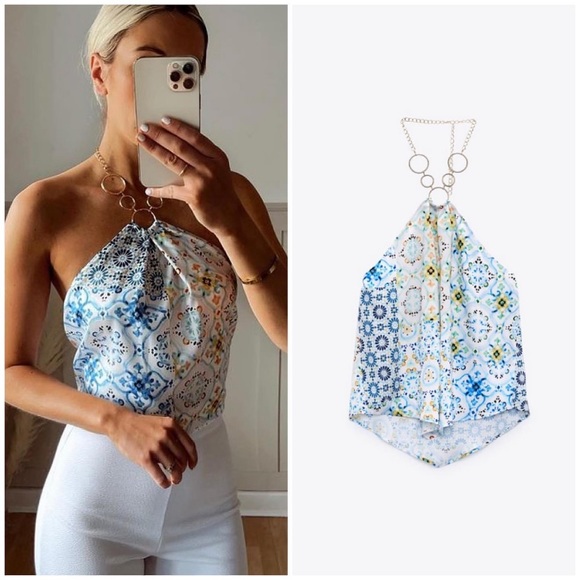 Zara | Tops | Zara Patchwork Chain Neck Halter Top | Poshmark
